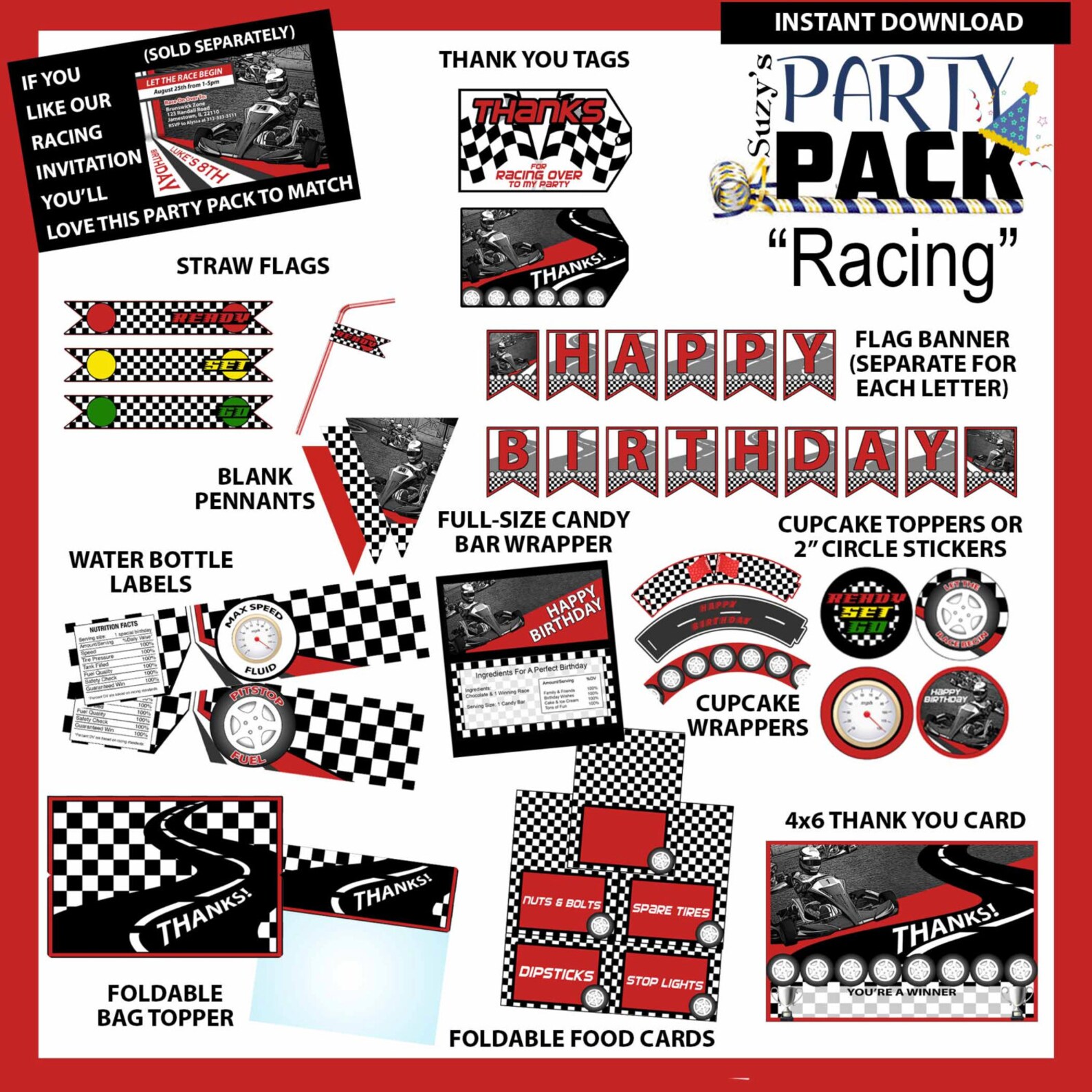 Go Kart Racing Party Pack, INSTANT DOWNLOAD, Party Accessories for ...