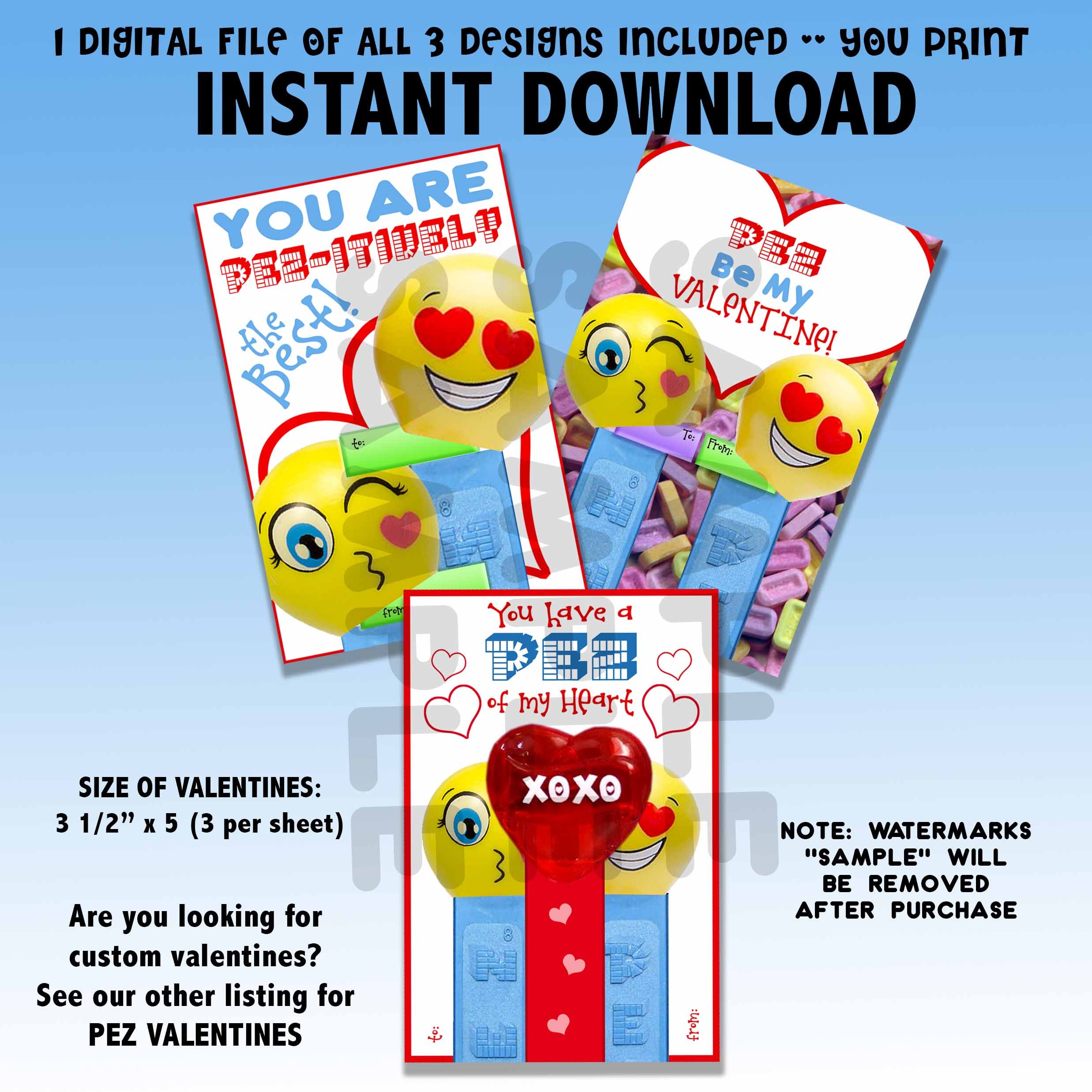 INSTANT DOWNLOAD Valentine's Day PEZ Valentines 3 1/2x5, Kids Themed ...