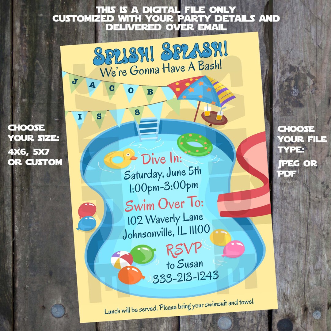 POOL PARTY Themed Birthday Invitation, Swimming Party Invitation, Pool ...