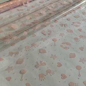 Baby Girl Prints Pink Cellophane Gift Wrap 80cm Wide 5 / 10 / 20 Metre ...