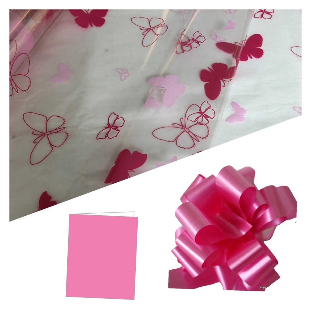 Cellophane Gift Wrap With Pull Bow and Tag Butterflies Cerise and Pink ...