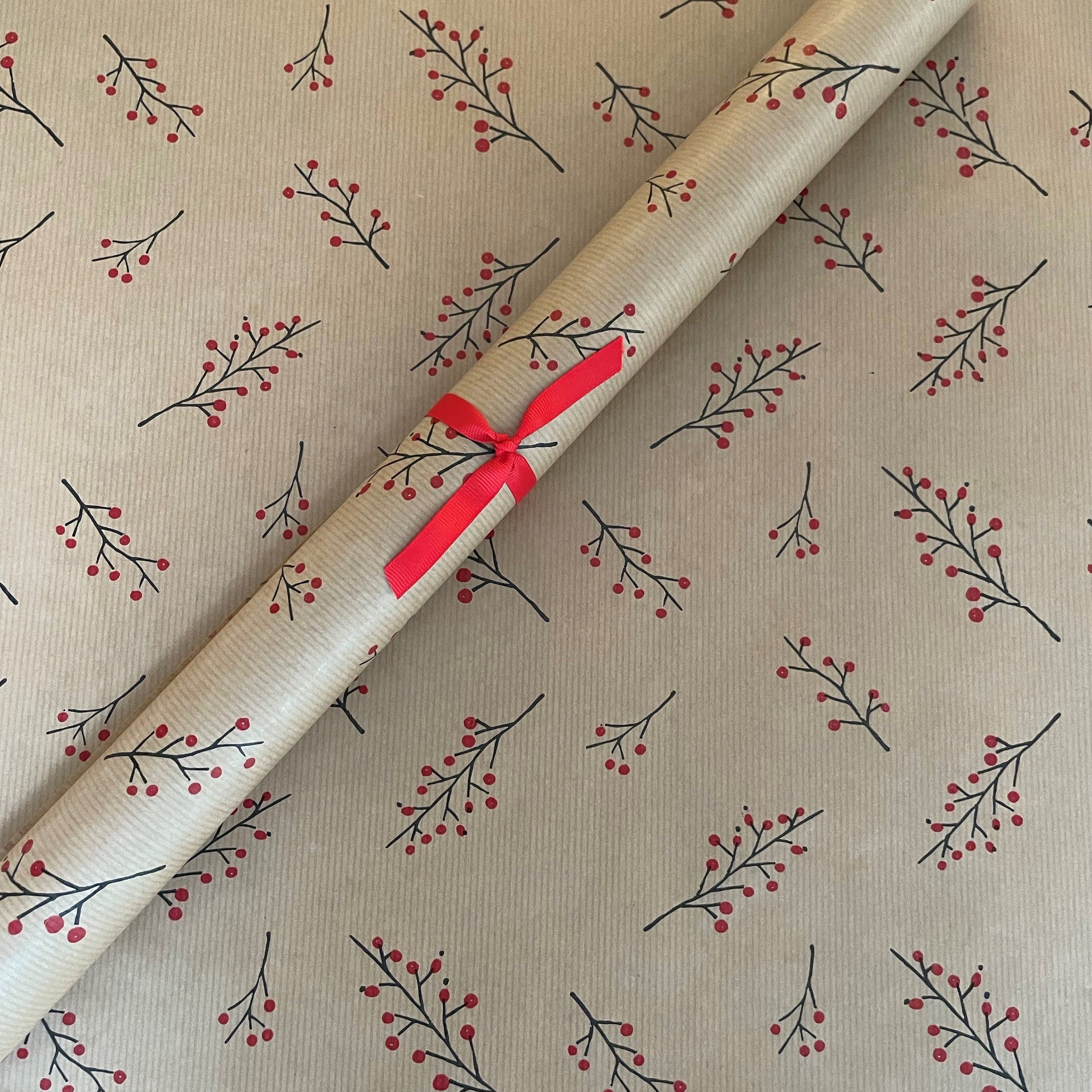 Christmas Kraft Brown Recyclable Wrapping Paper *red Berries* 50cm Wide ...