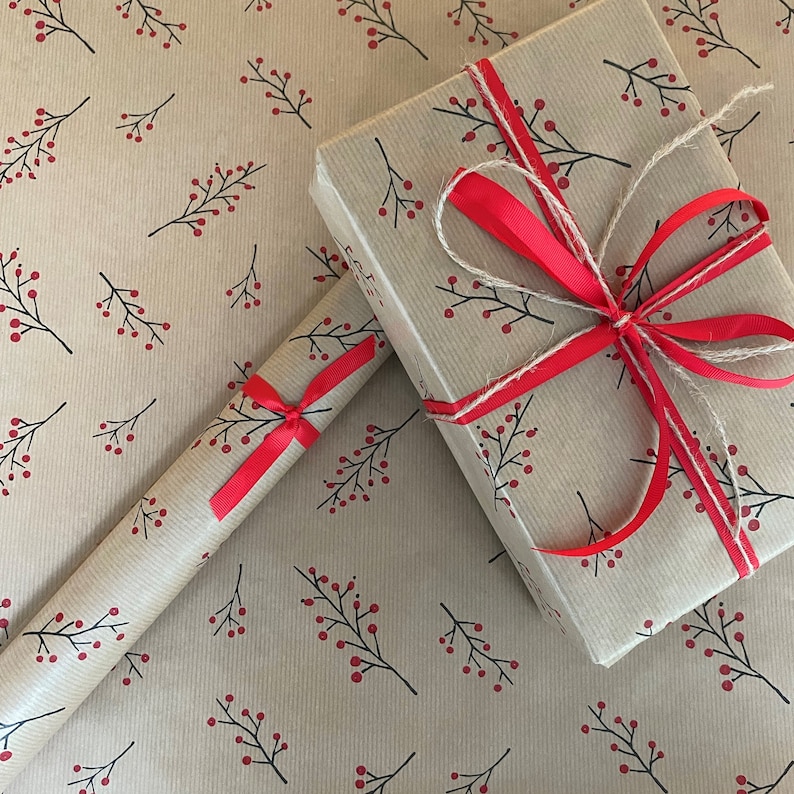Christmas Kraft Brown Recyclable Wrapping Paper *red Berries* 50cm Wide - 2 / 5 / 10 Mtrs ...