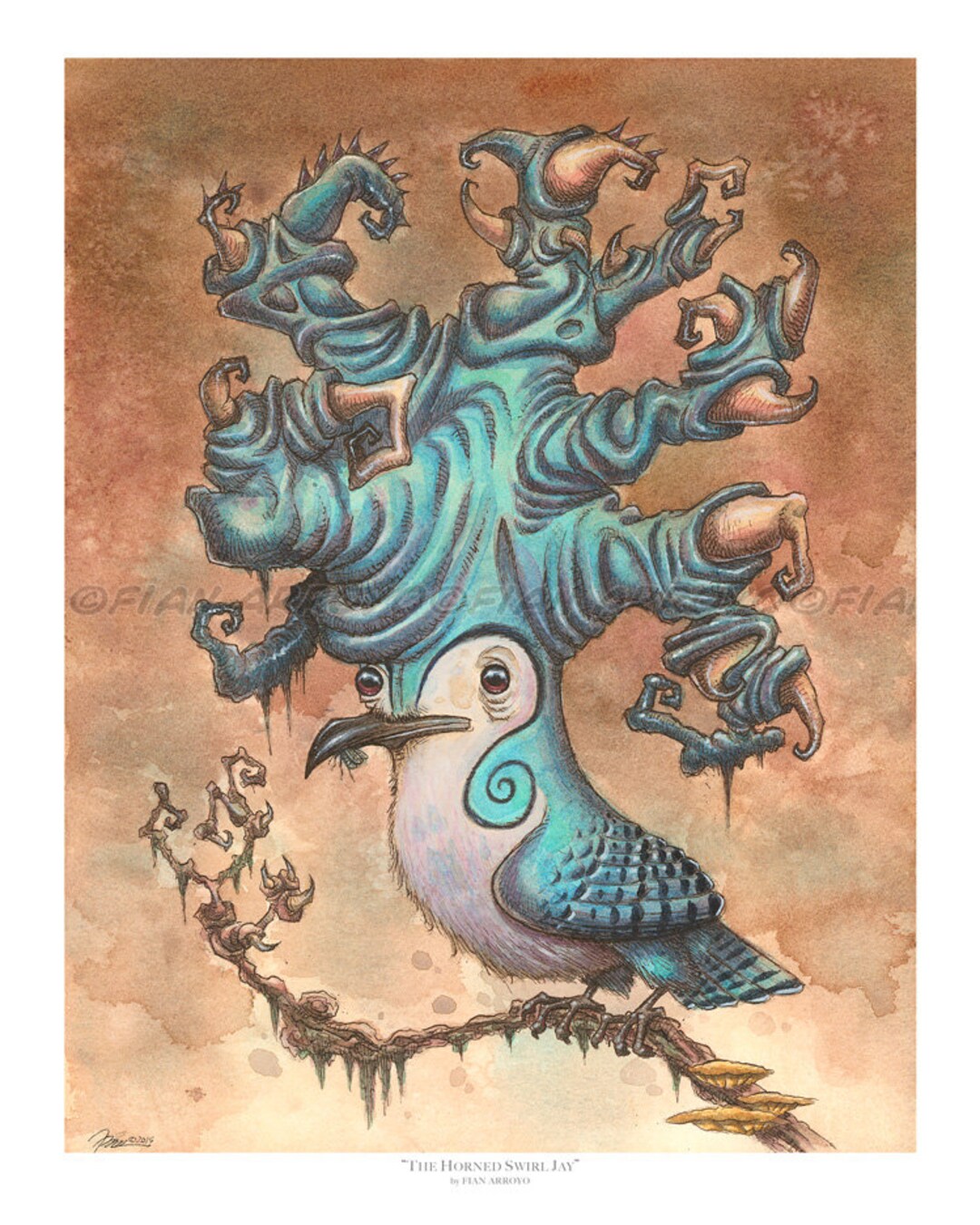 The Horned Swirl Jay FANTASY BIRD Pop Surrealism Low Brow - Etsy