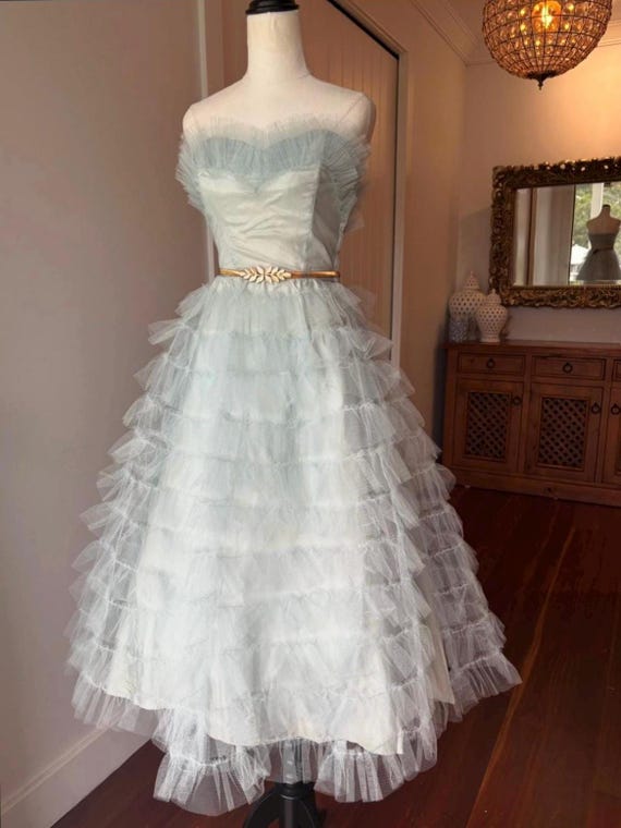1950s Tulle Ball Gown: Powder Blue Strapless Vintage … - Gem