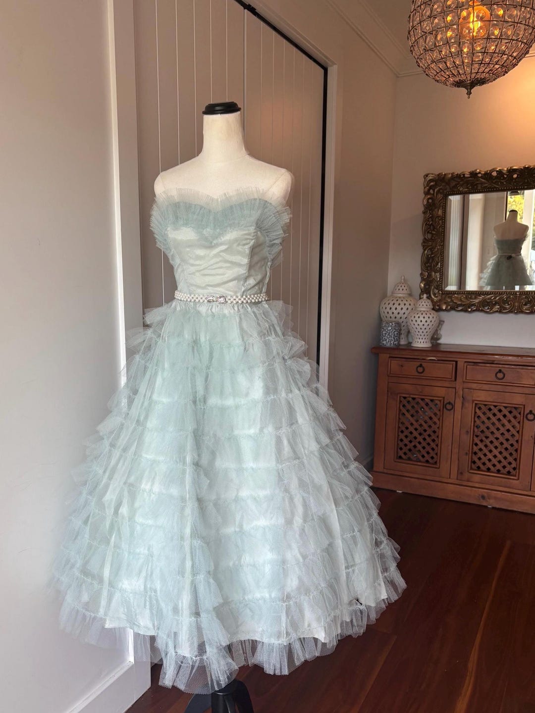 1950s Tulle Ball Gown: Powder Blue Strapless Vintage Dress (xs/small ...