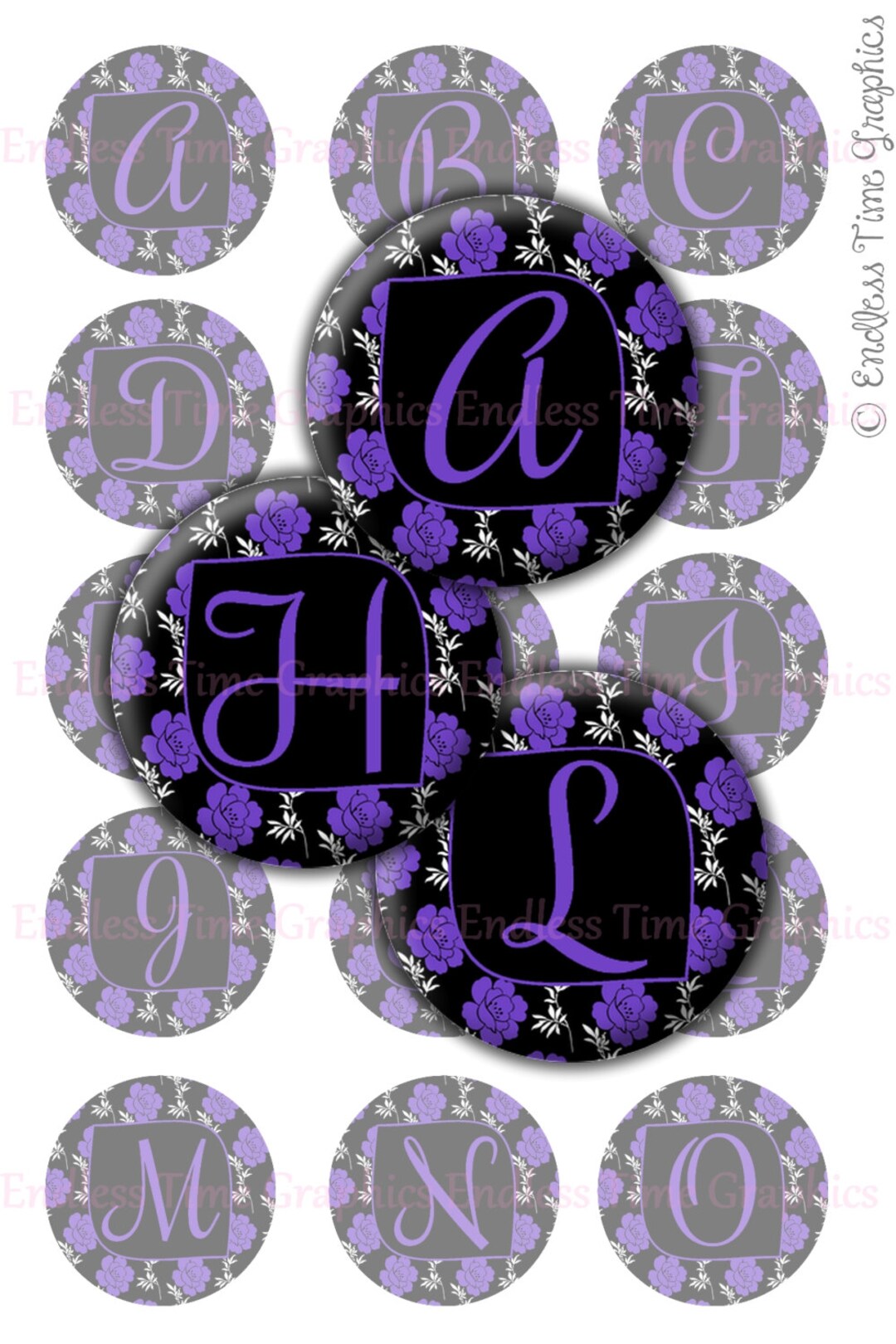 Alphabet Bottle Cap Images ~*DIGITAL*~ Full Alphabet on Purple Floral ...