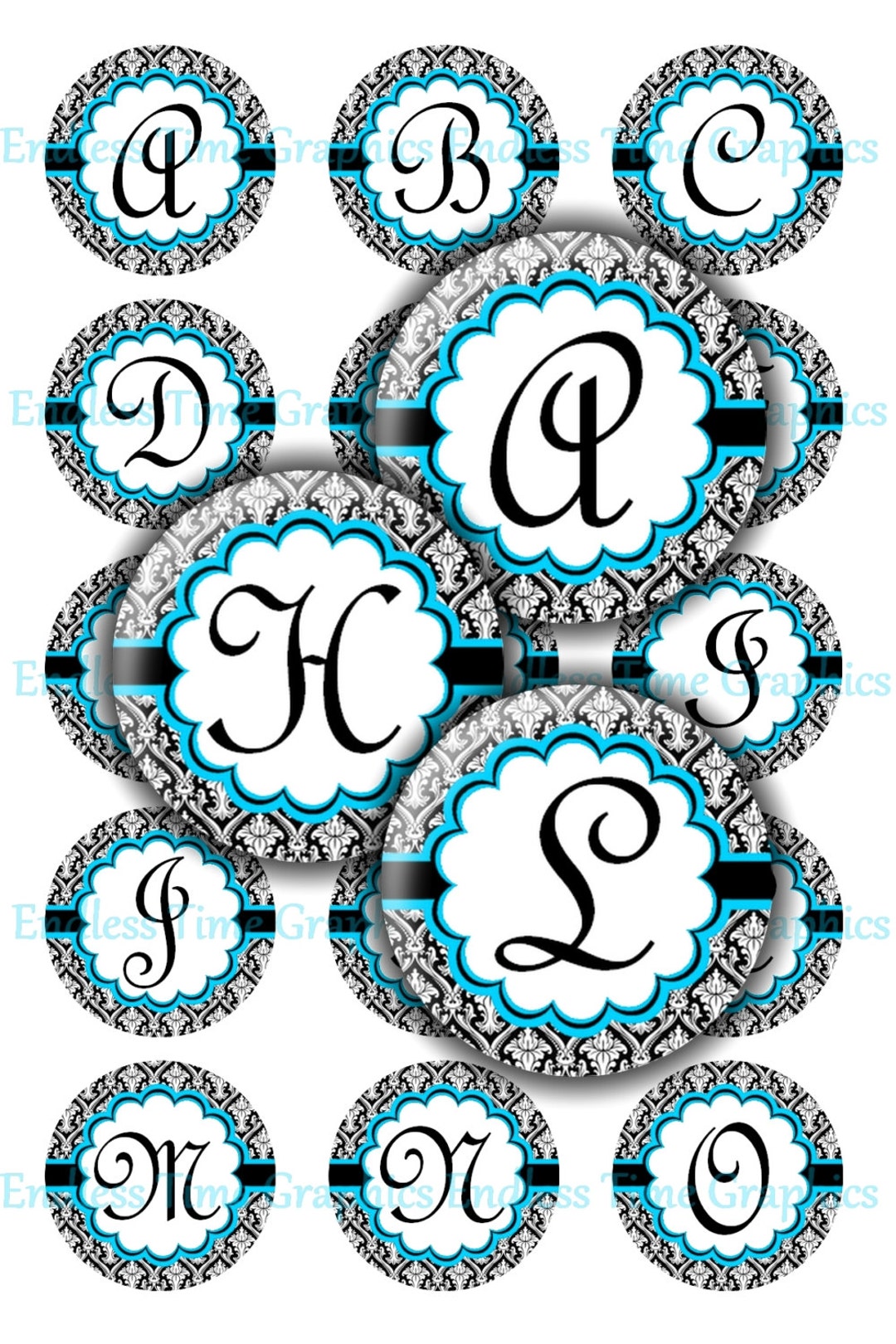 Alphabet Bottle Cap Images ~*DIGITAL*~ Black Damask With Blue Accents ...