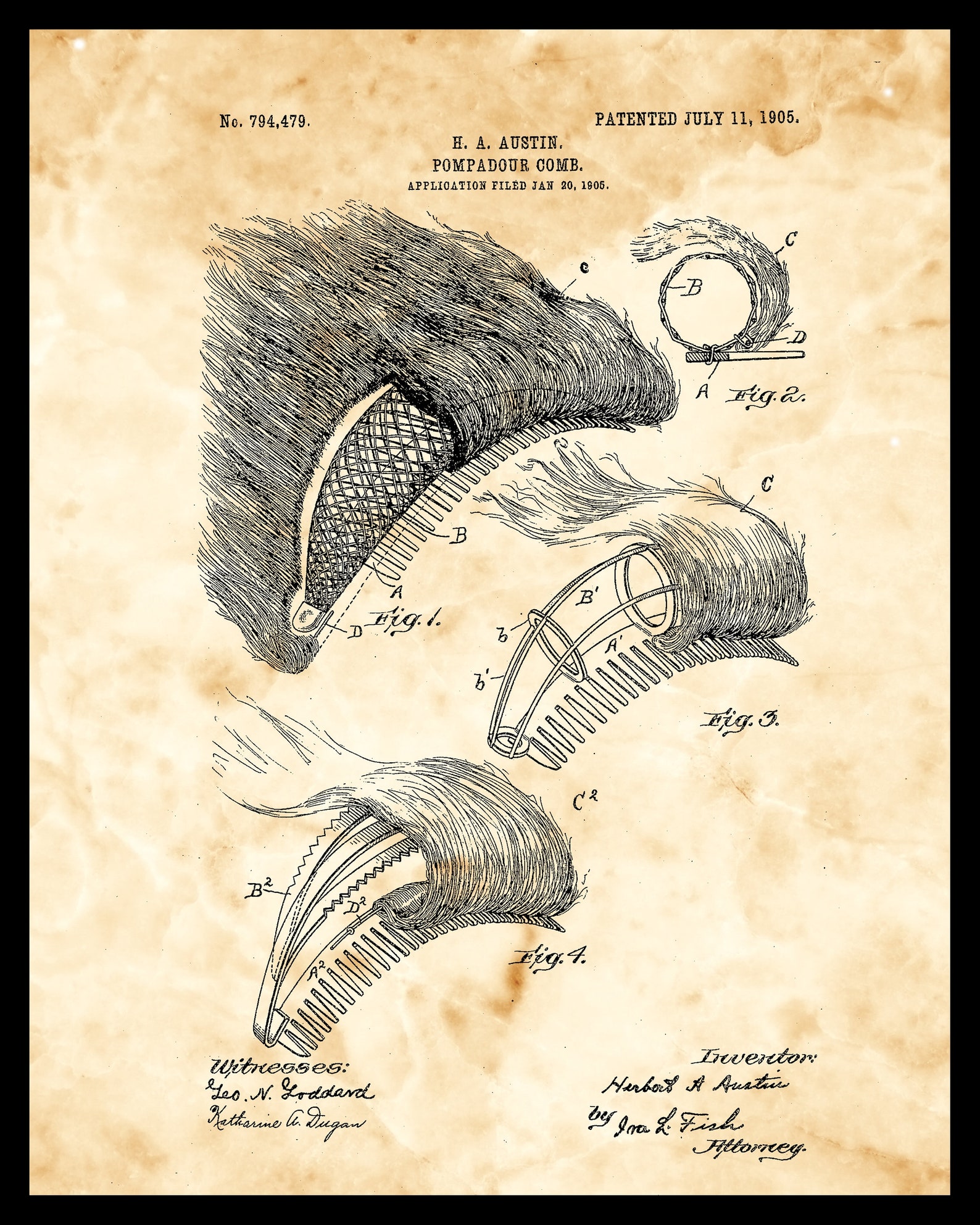 Pompadour Comb Patent Print 1905, Pompadour Comb Patents, Vanity Decor ...