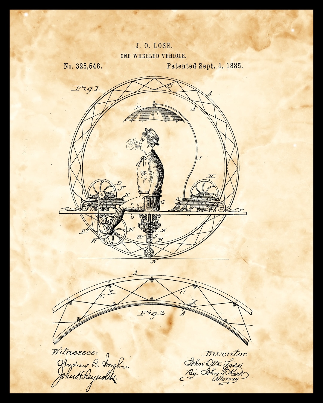 One Wheeled Vehicle 1885 Patent Print, Unicycle Wall Art, Vintage Bike ...