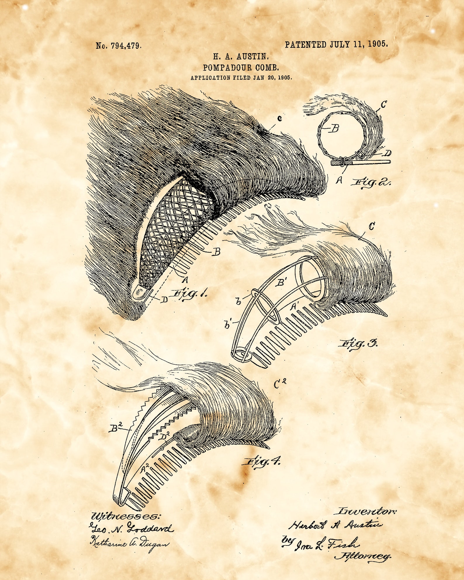 Pompadour Comb Patent Print 1905, Pompadour Comb Patents, Vanity Decor ...