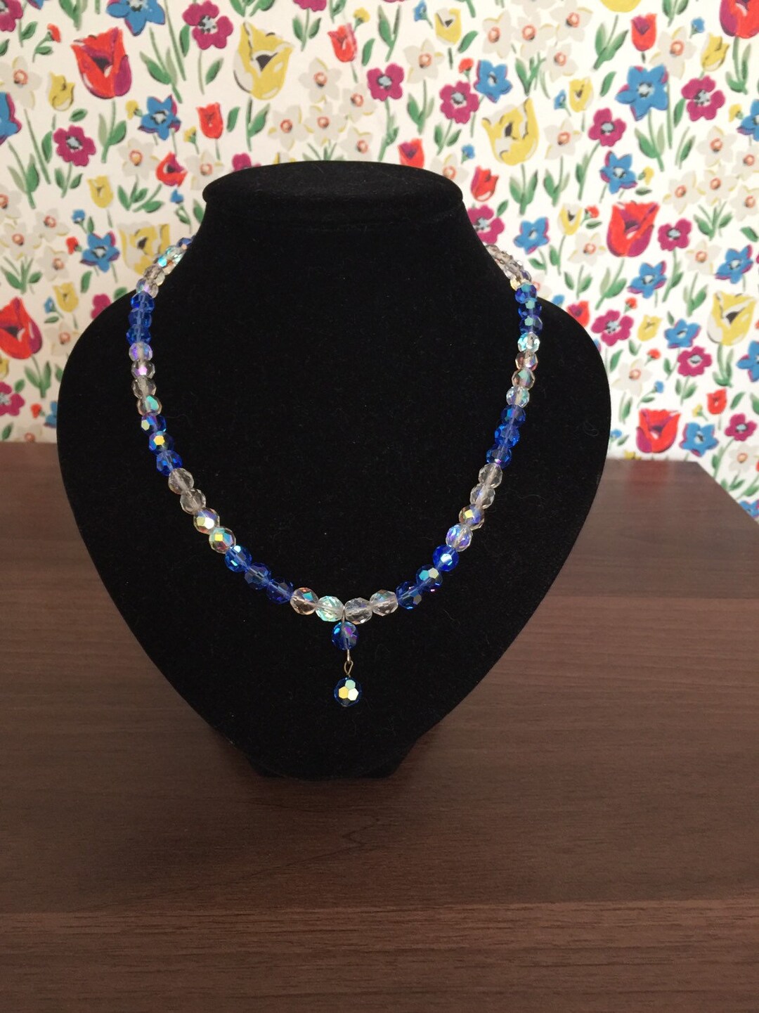 Vintage Cobalt Blue Iridescent Glass Beaded Necklace With Drop - Etsy