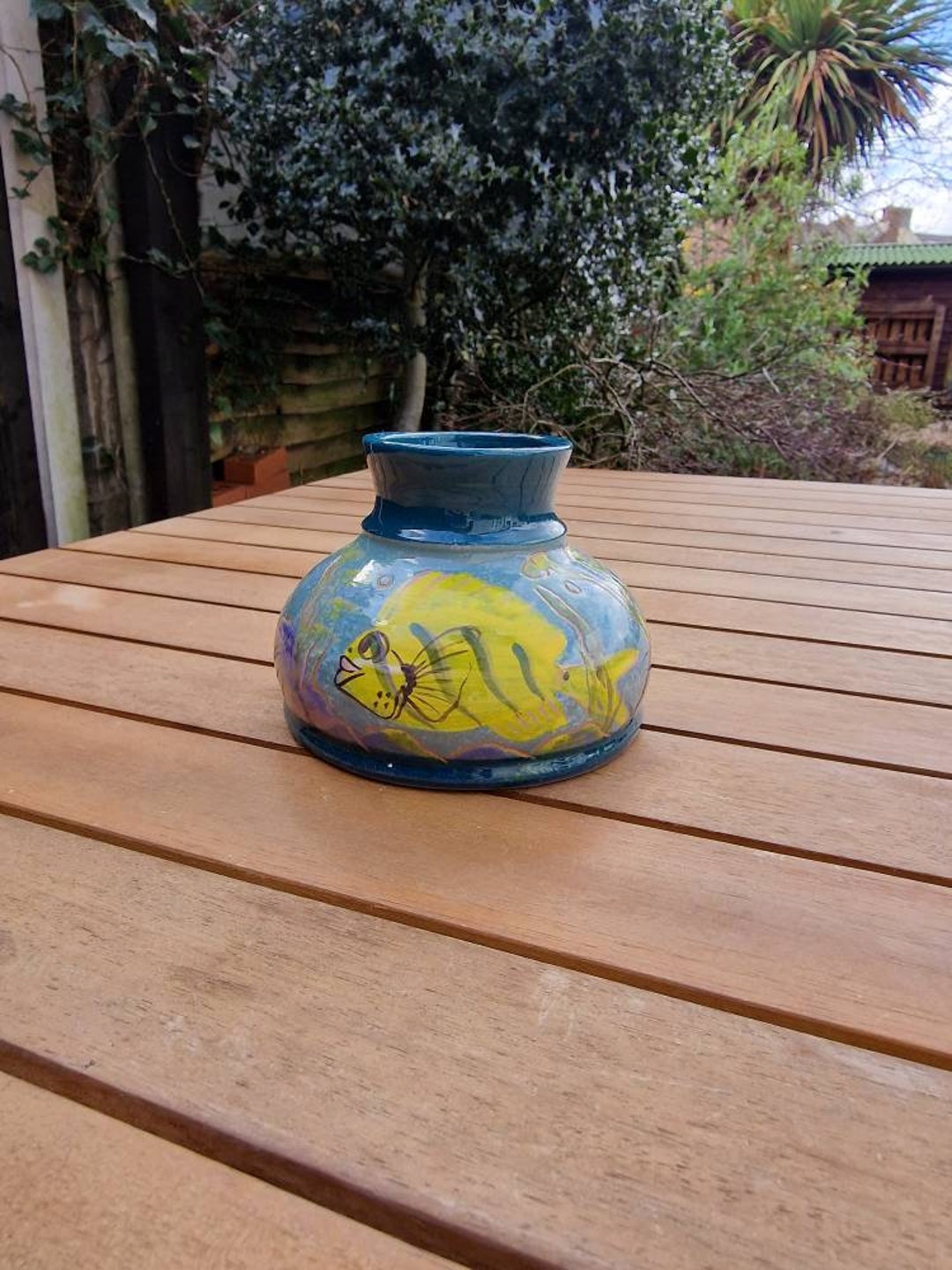 Vintage Wassi Studio Pottery Vase With Yellow and Purple Fish Design ...