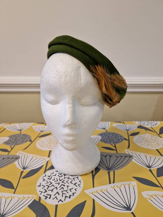 Vintage Pea Green Pillow Box Hat With Feather Design. Brand is | Etsy