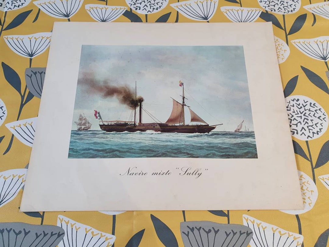 Vintage Print or Poster 'navire Mixte Sully' Warship on the Sea by ...