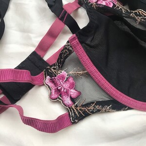 Pretty Black Mesh and Fuschia Pink Magenta Embroidered Designer Bra ...