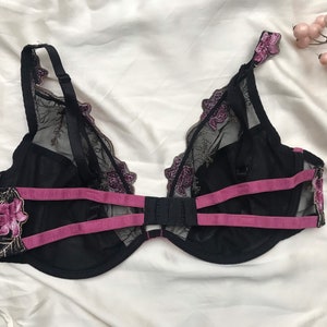 Pretty Black Mesh and Fuschia Pink Magenta Embroidered Designer Bra ...