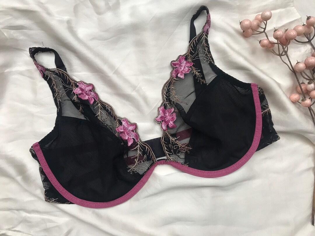 Pretty Black Mesh and Fuschia Pink Magenta Embroidered Designer Bra ...
