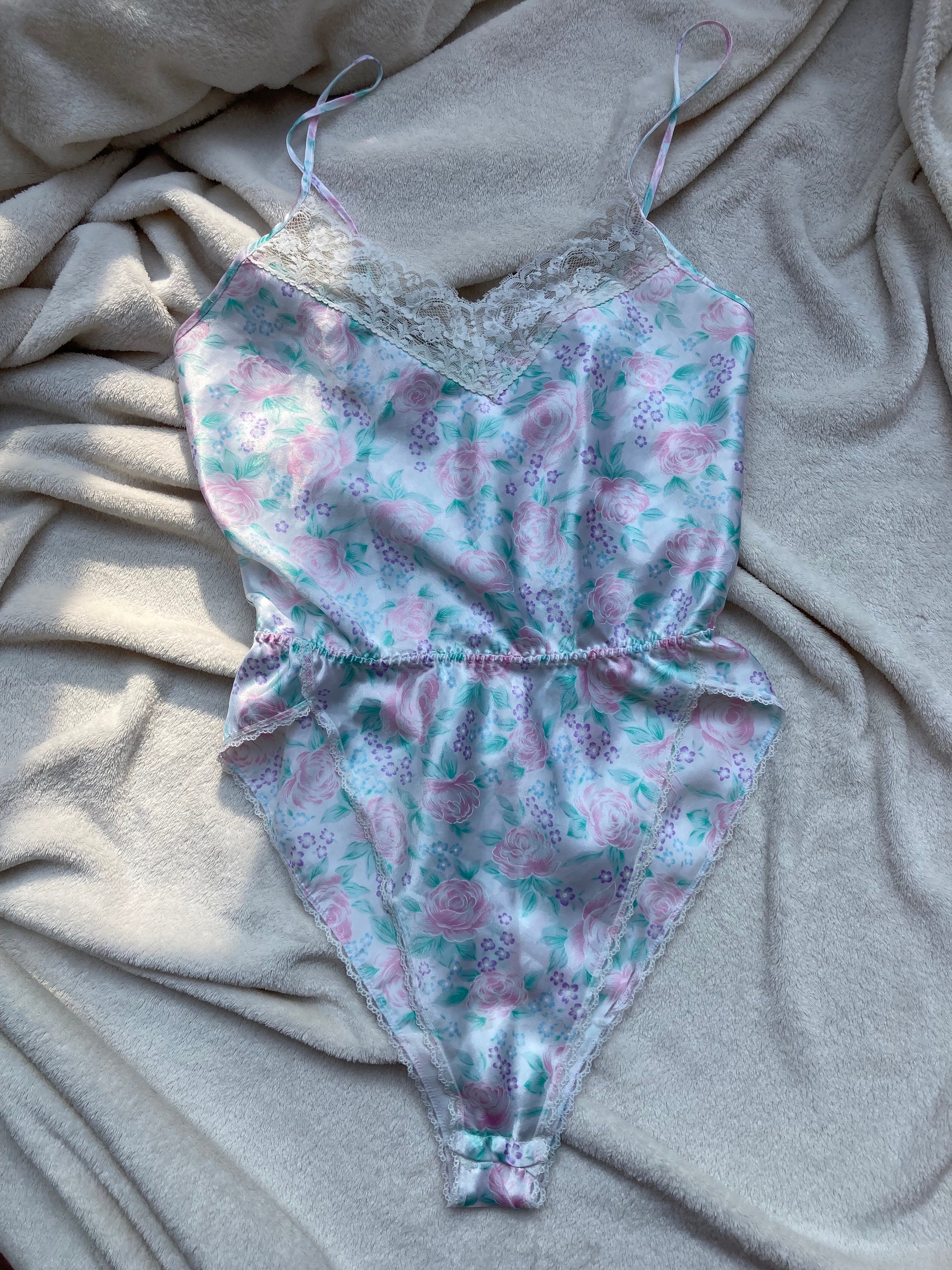 Vinatge 1980's 80's Floral Satin Teddy Babydoll Jumpsuit White Lace ...