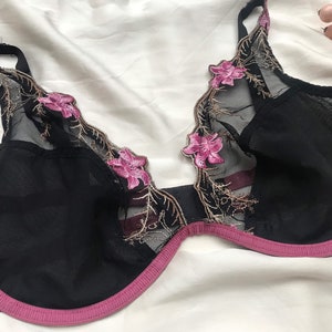 Pretty Black Mesh and Fuschia Pink Magenta Embroidered Designer Bra ...