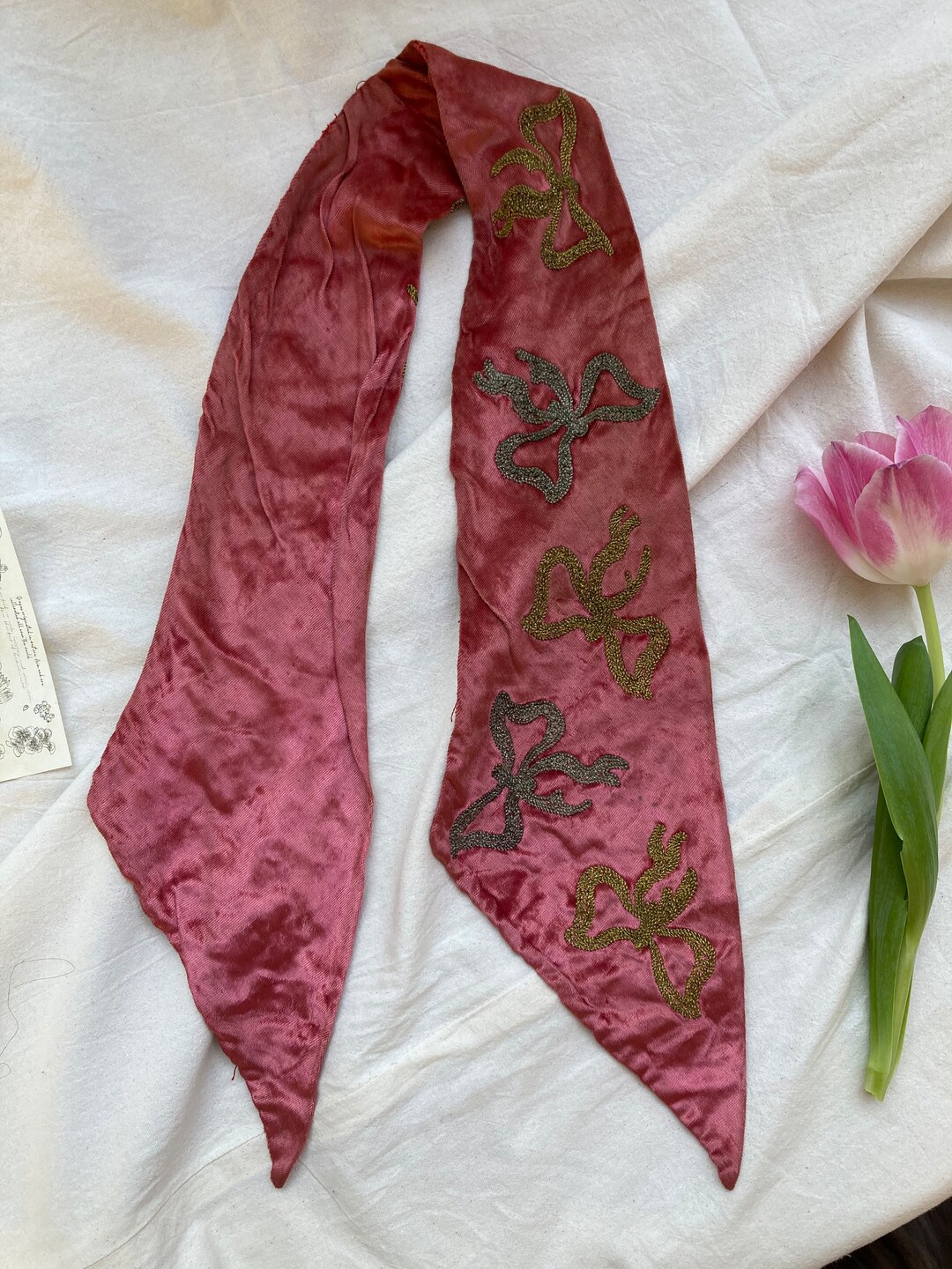 1920s Flapper Scarf: Antique Handmade Velvet Embroidered Bow Accessory ...