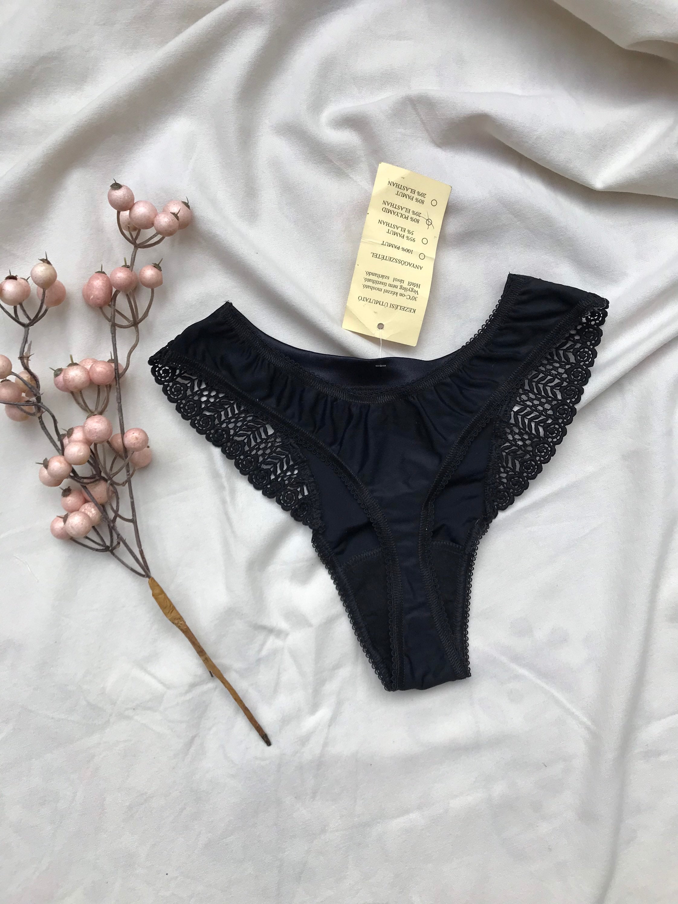 Deadstock Vintage High Leg High Waisted Retro 90s Lace Black Thongs ...