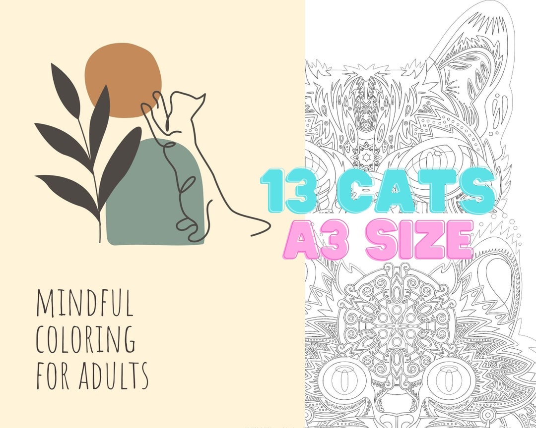 Cat Face Mindful Coloring for Adults, Cat Theme Coloring Book 13 ...