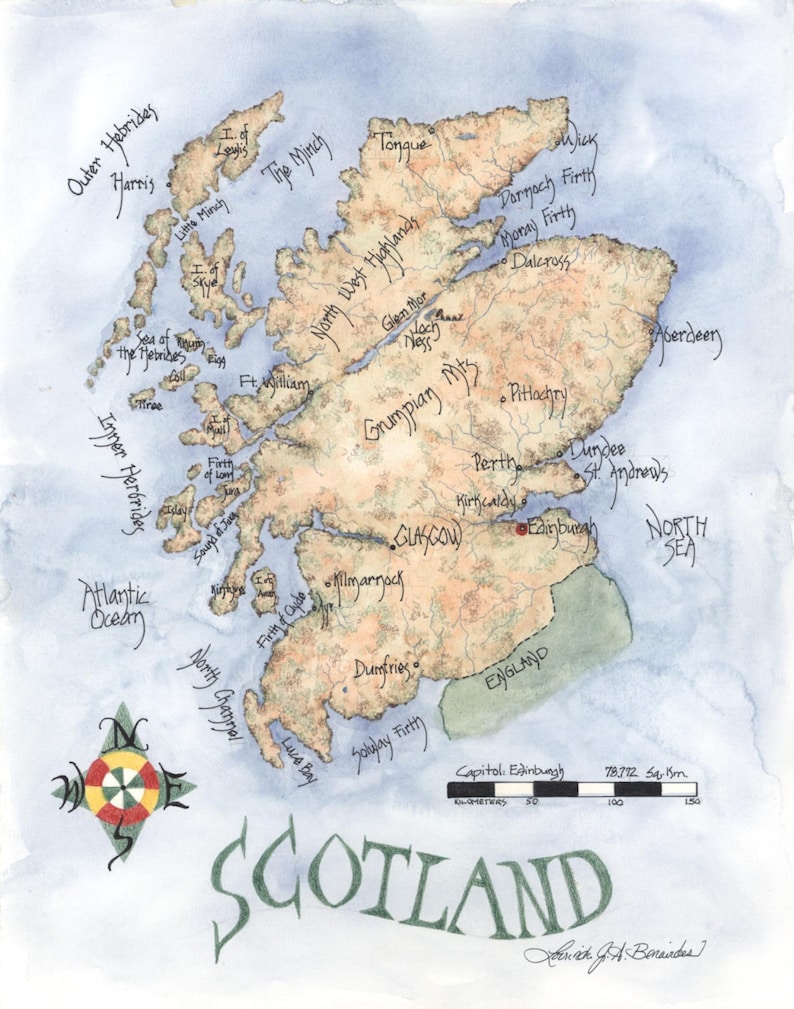 Map of Scotland, Watercolor and Colored Pencil Map, Illustration, Art ...