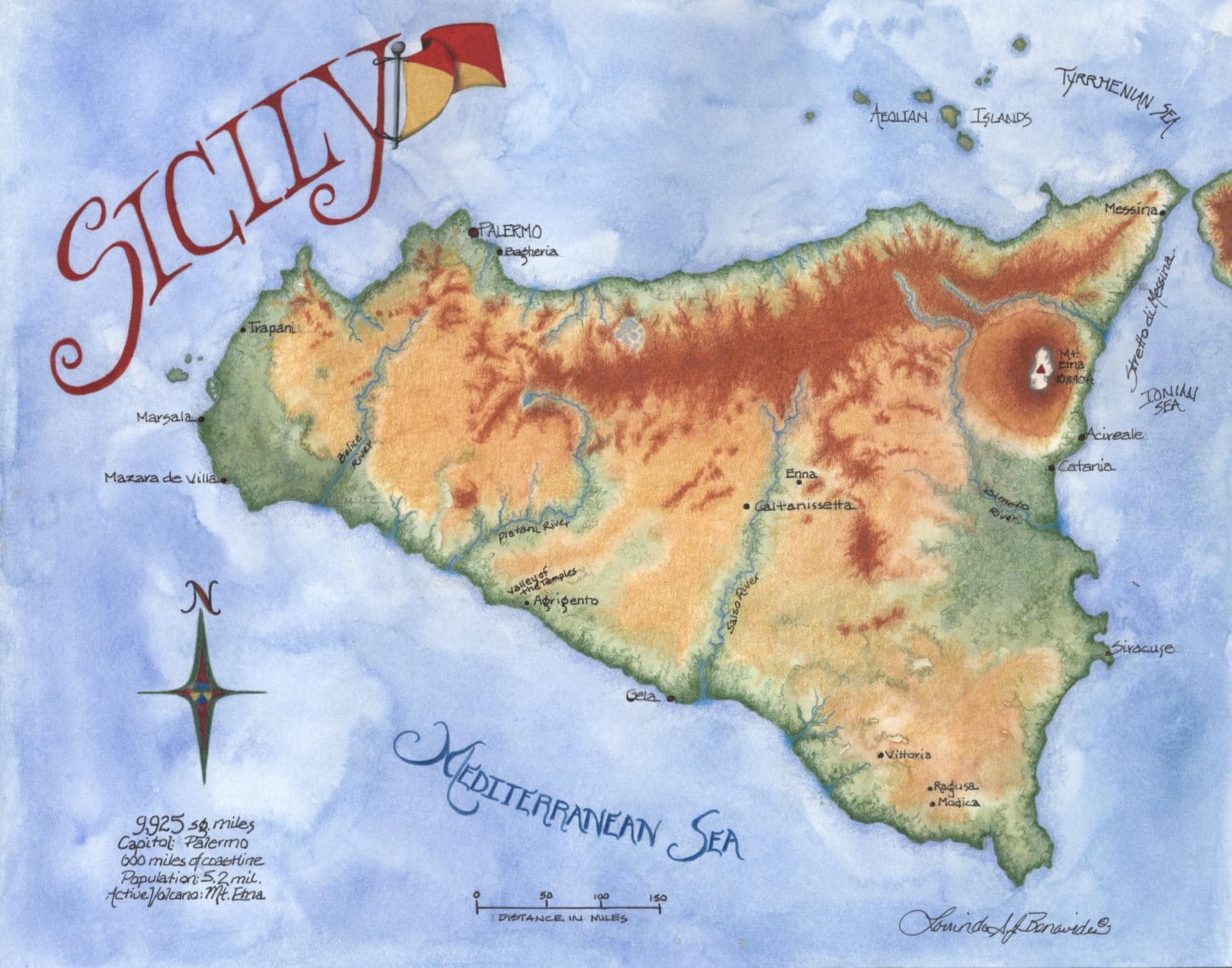 Map of Sicily, Italy, Watercolor, Photo Realistic, Colored Pencils, Art ...