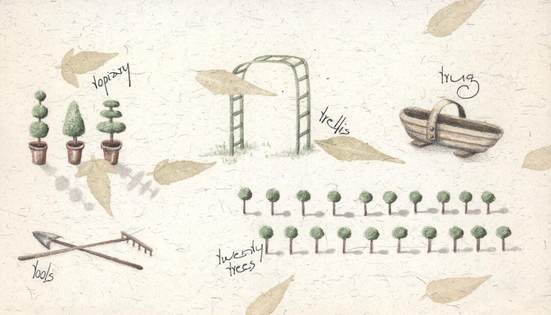 Garden Print. Topiaries, Trees, Trug. Photo Realistic, Illustration ...