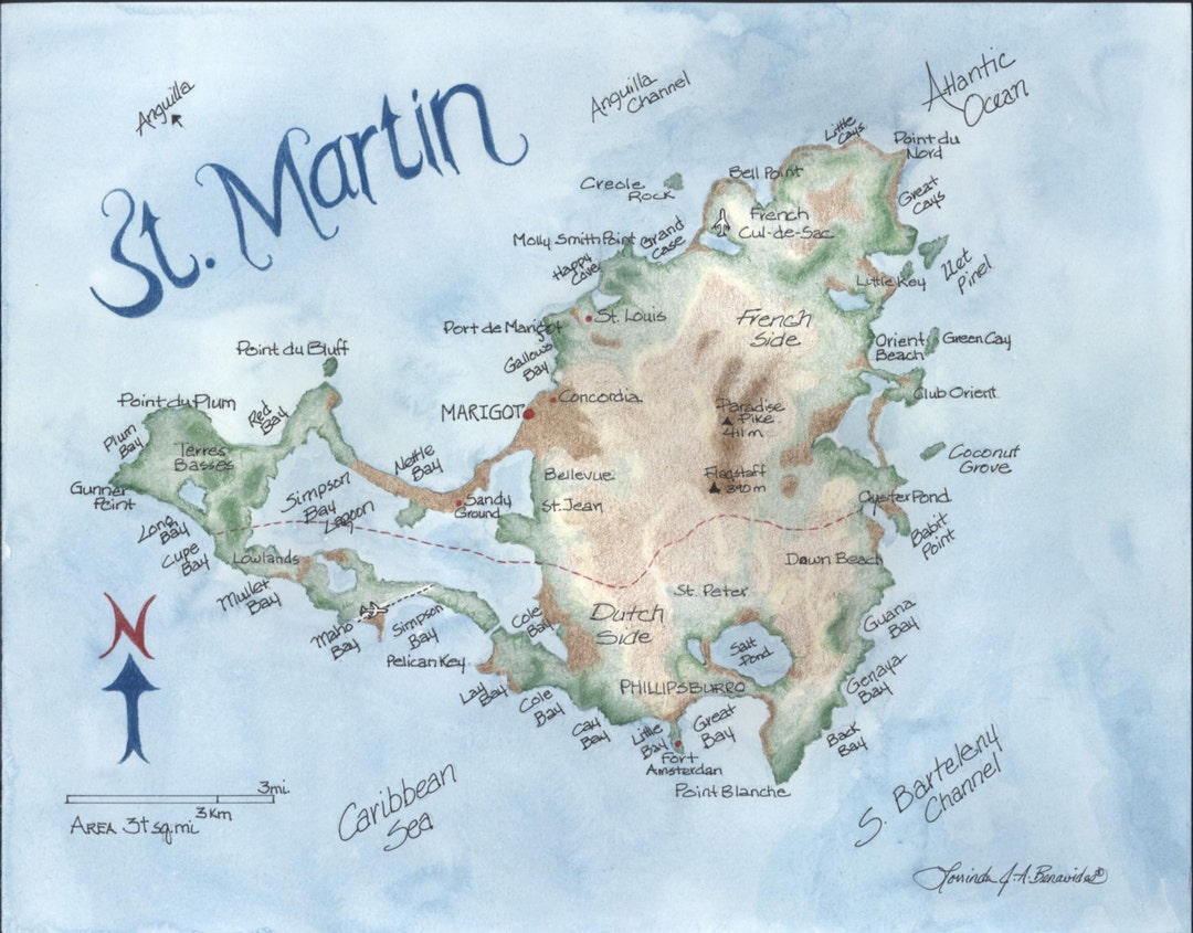 Map of St. Martin, Watercolor, Colored Pencil, Print of Original ...