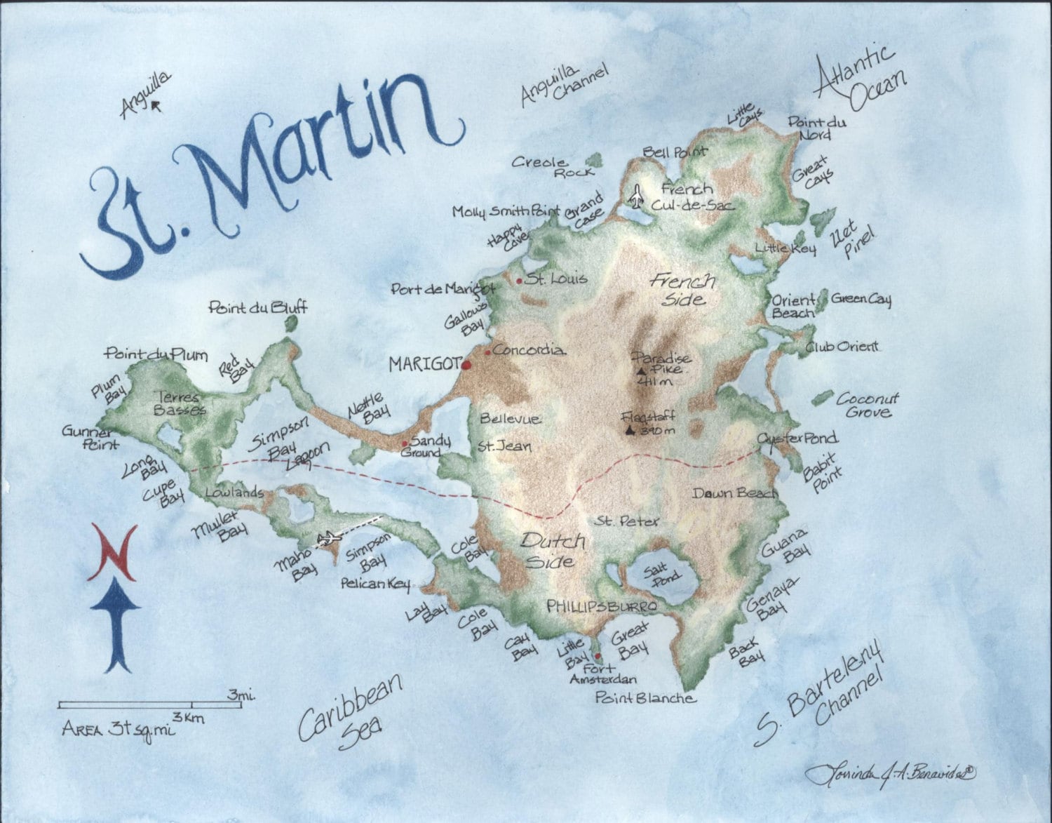 Map of St. Martin, Watercolor, Colored Pencil, Print of Original ...