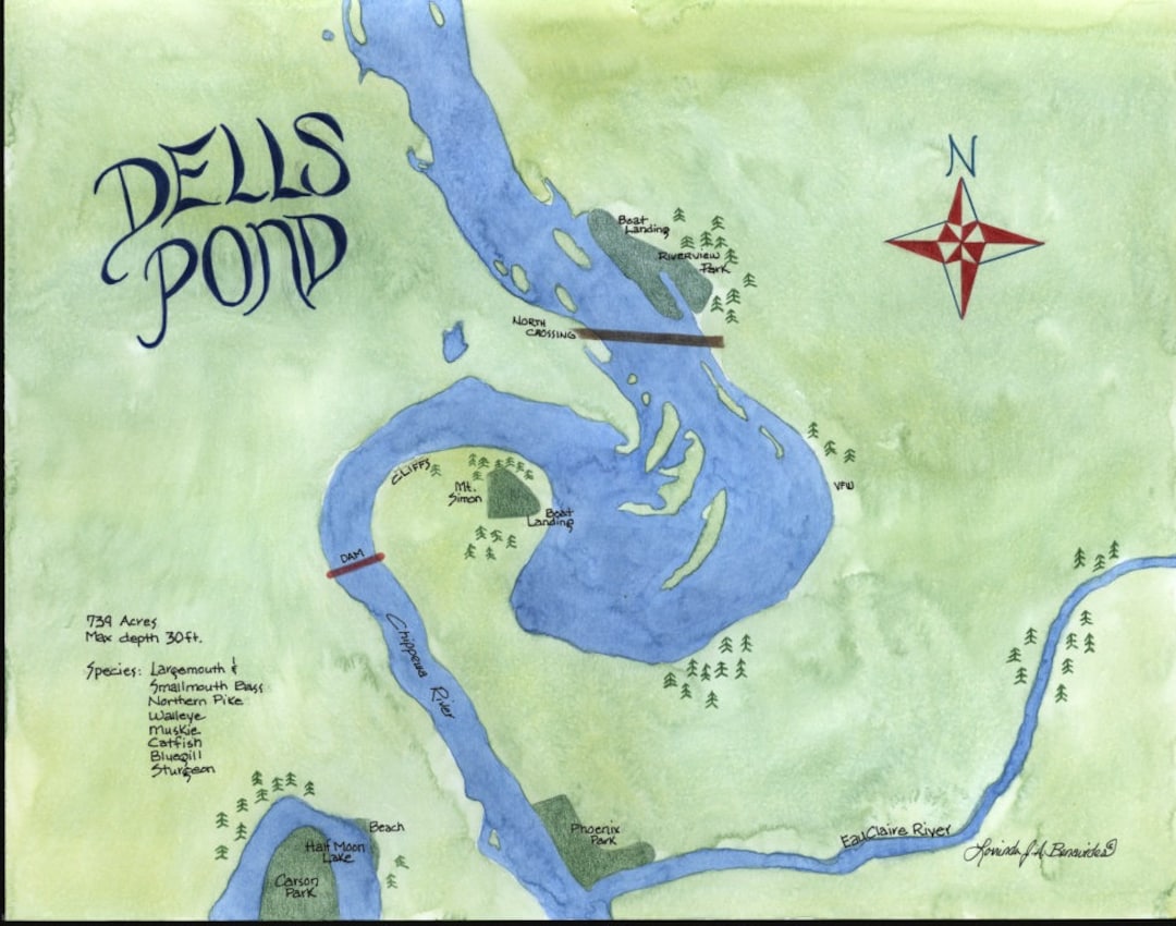 Dells Pond, Eau Claire, WI. an Overhead View. Watercolor and Colored ...