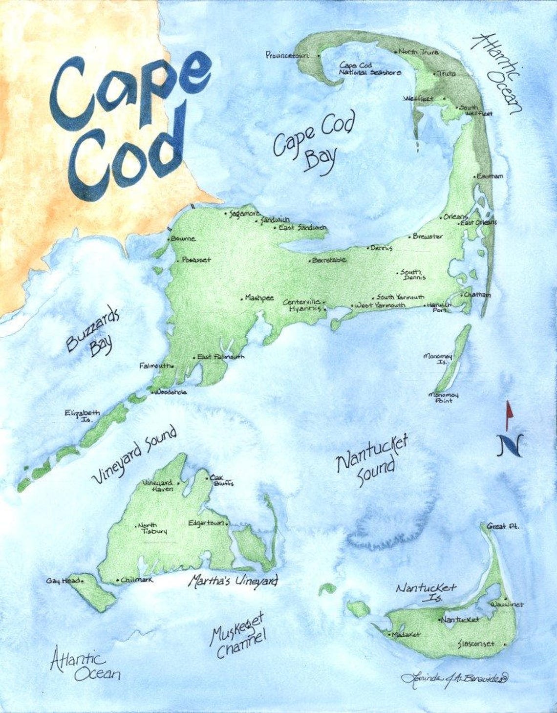 Map of Cape Cod, Watercolor, Colored Pencil, 11" X 14", Topographic ...