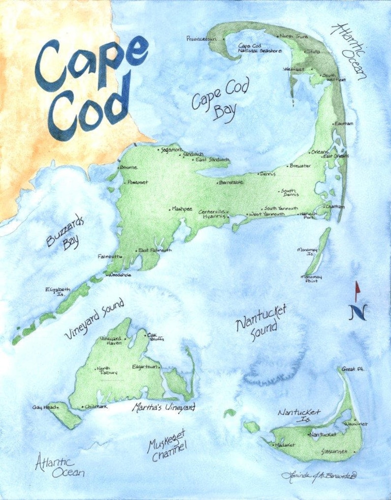 Map of Cape Cod, Watercolor, Colored Pencil, 11" X 14", Topographic ...