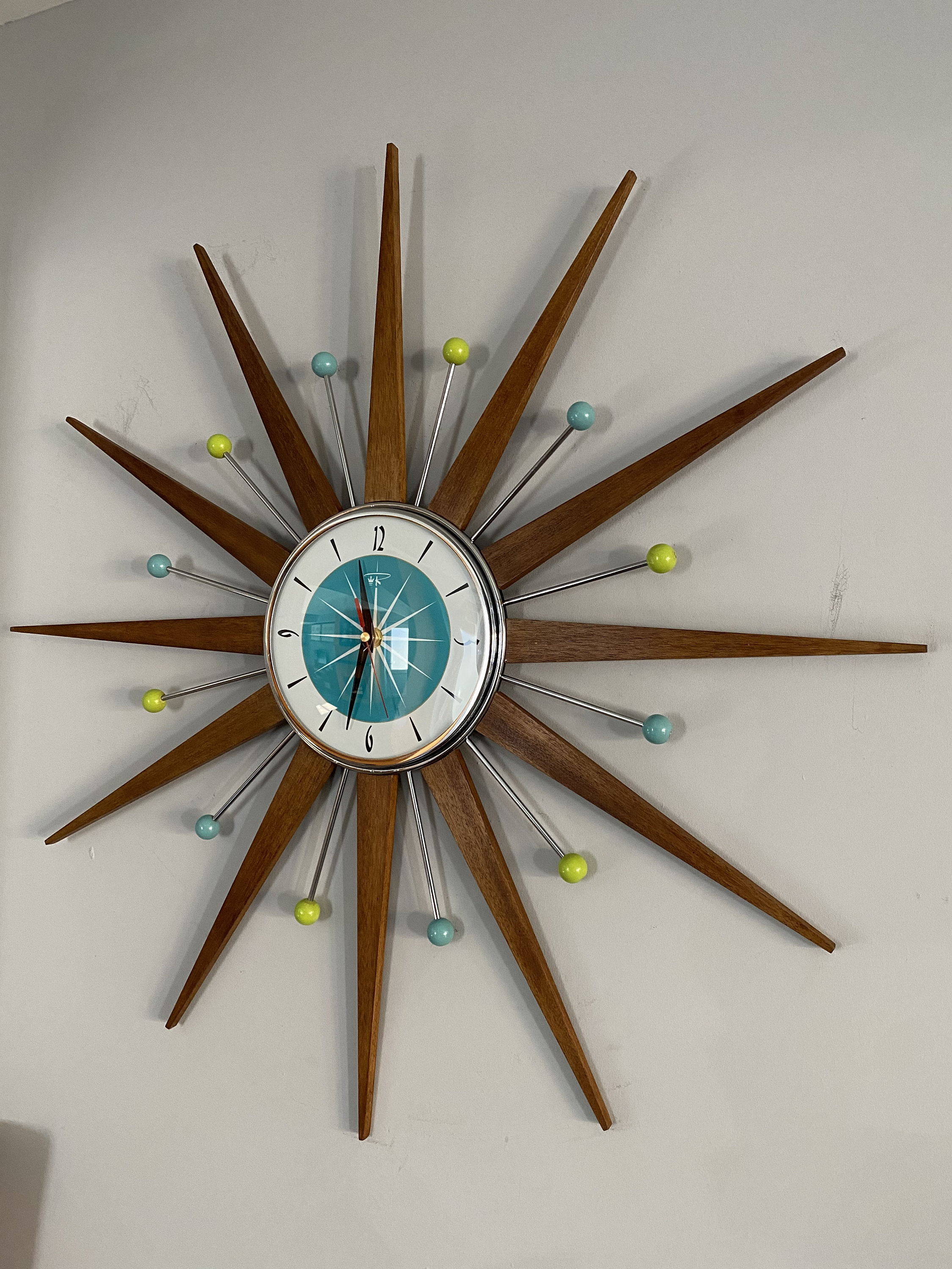 Handmade Mid Century Starburst Clock: Turquoise Face, Teak Wood Rays ...