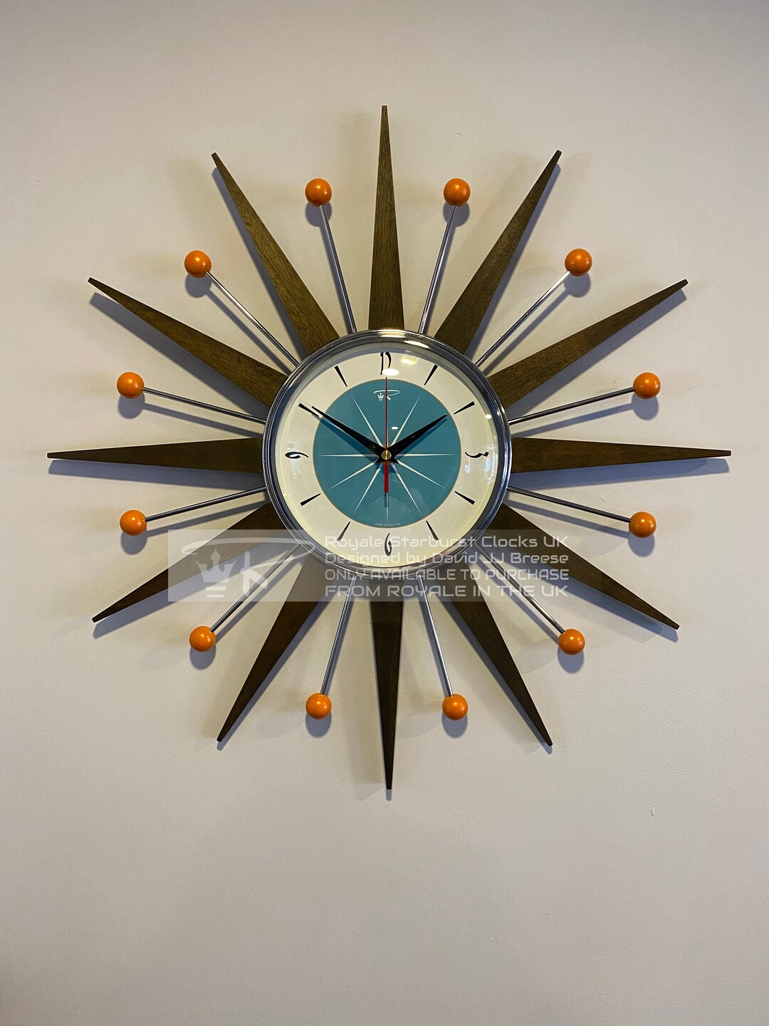 Mid Century Modern Starburst Clock Teakwood Rays & Atomic Balls Vintage ...