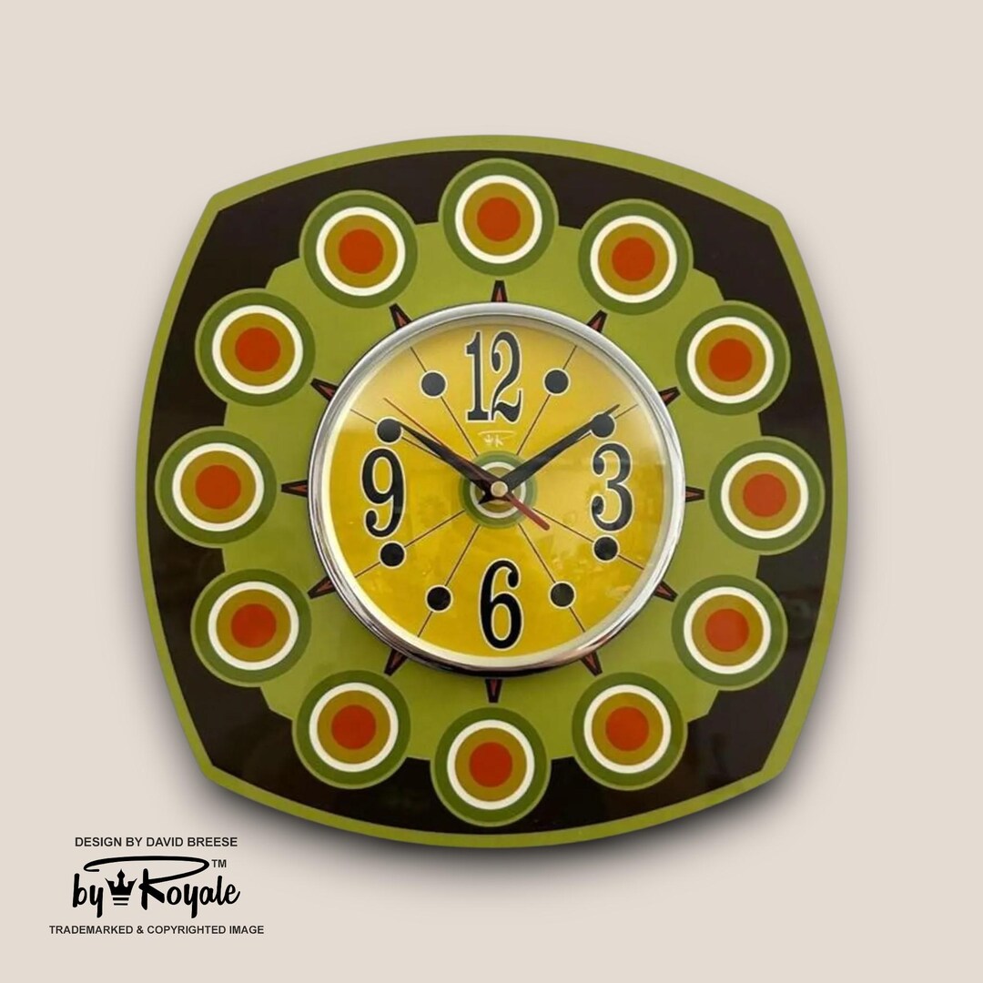 Retro 1970s Handmade Sunburst Wall Clock - Avocado & Dark Brown With ...