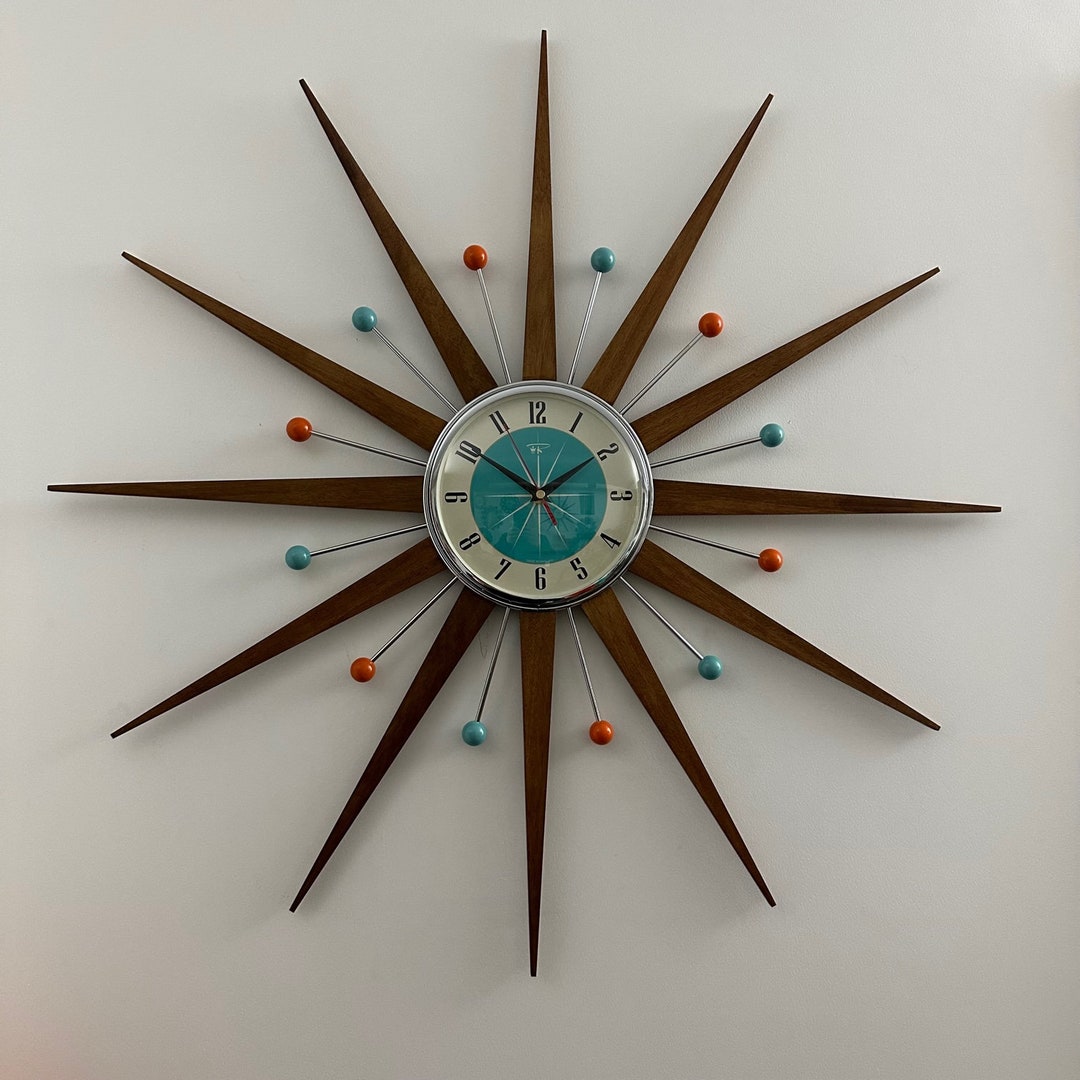Handmade 30" Starburst Clock: Mid Century Modern Turquoise Teak Wall ...