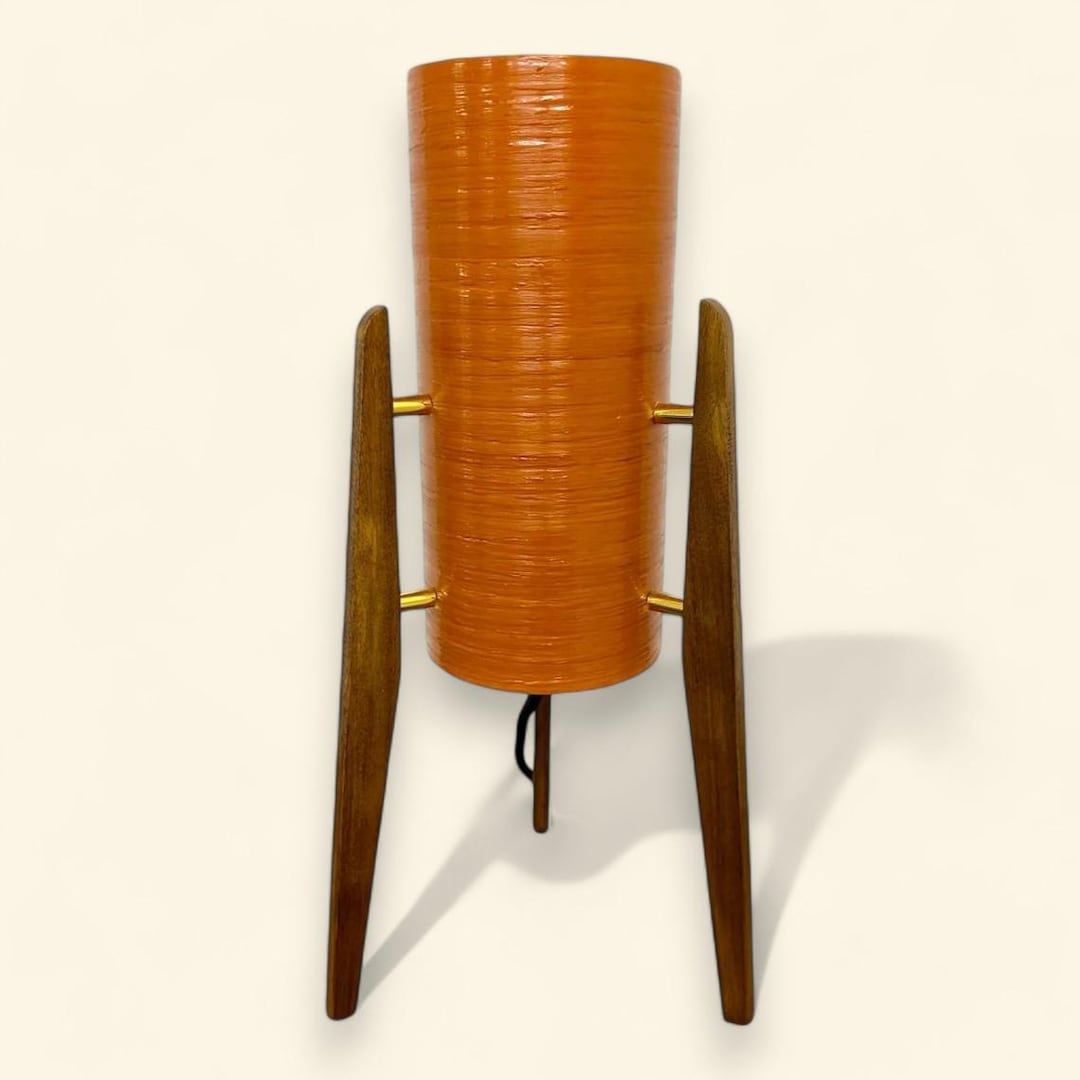 Mid Century Modern Saturn Rocket Lamp: Tangerine Fiberglass Shade, Teak ...