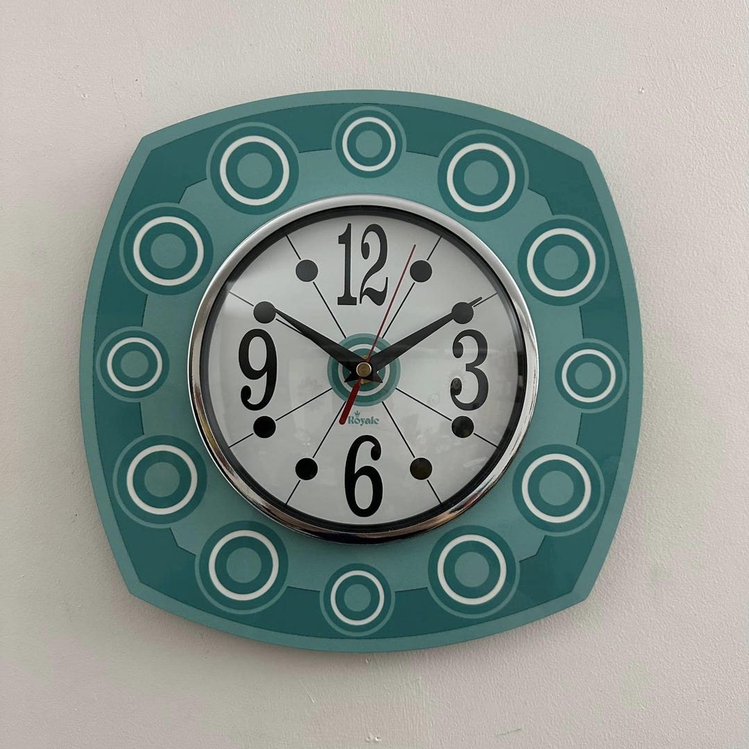 1970's Style Royalexe Mid Century Modern Wall Clock in Aquastone With a ...