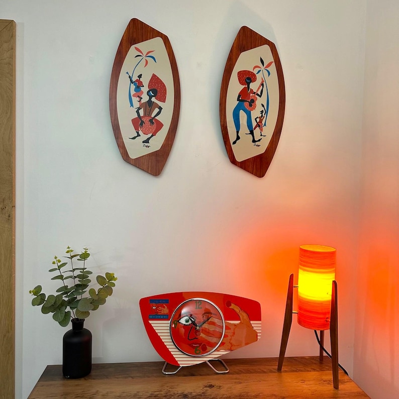 Mid Century Modern Saturn Rocket Lamp: Tangerine Fiberglass Shade, Teak ...