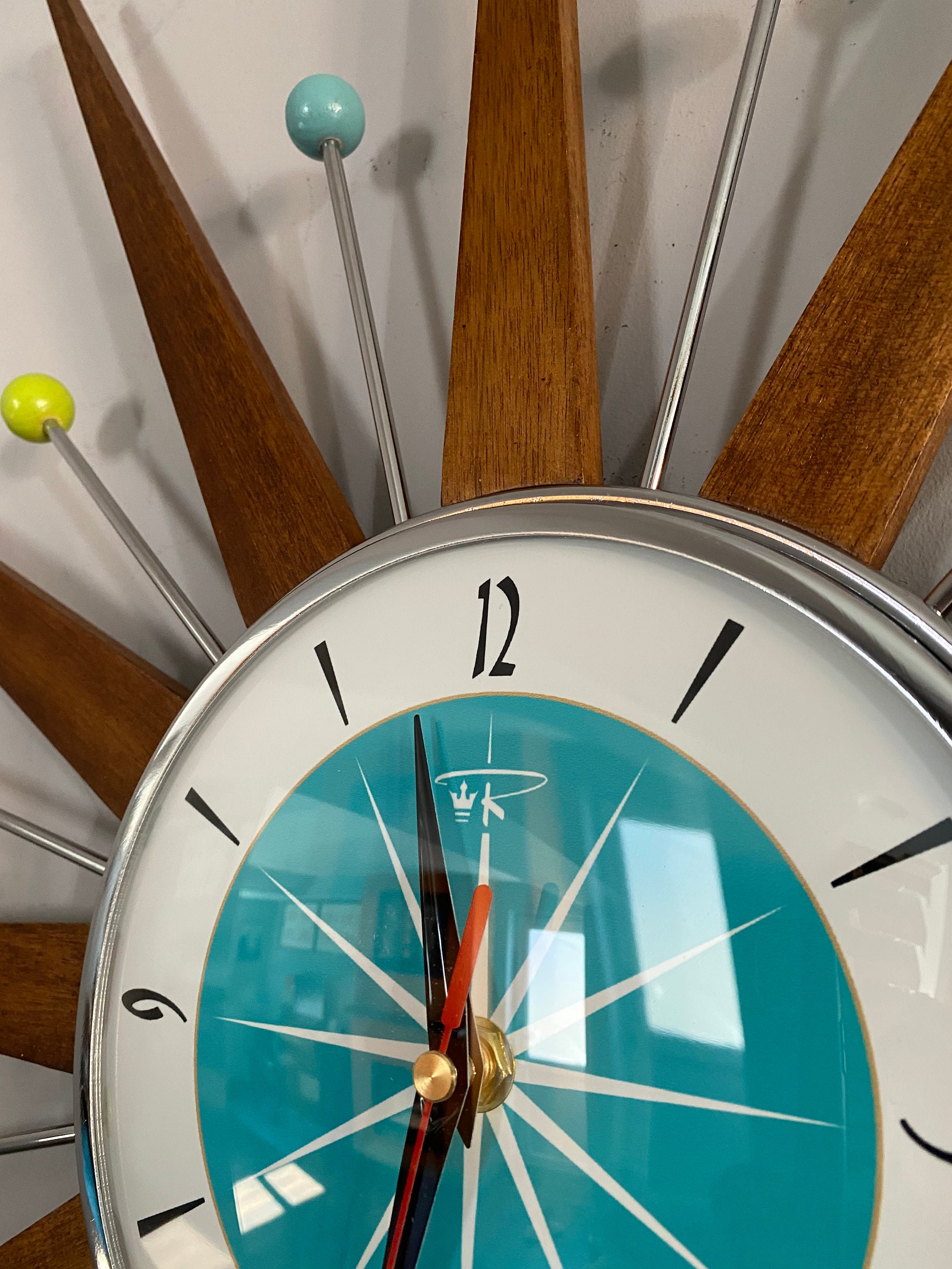 Handmade Mid Century Starburst Clock: Turquoise Face, Teak Wood Rays ...