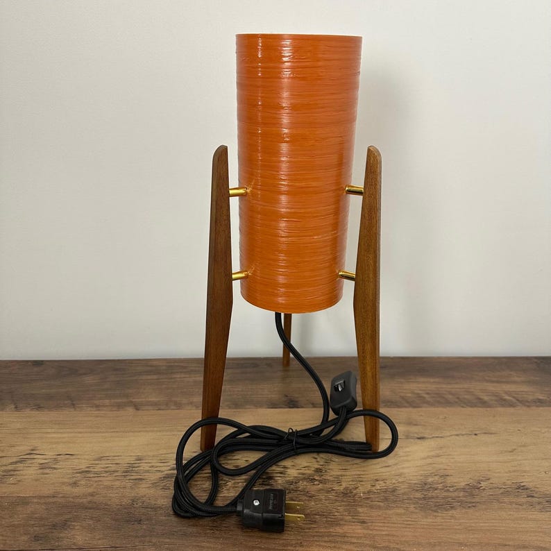 Mid Century Modern Saturn Rocket Lamp: Tangerine Fiberglass Shade, Teak ...