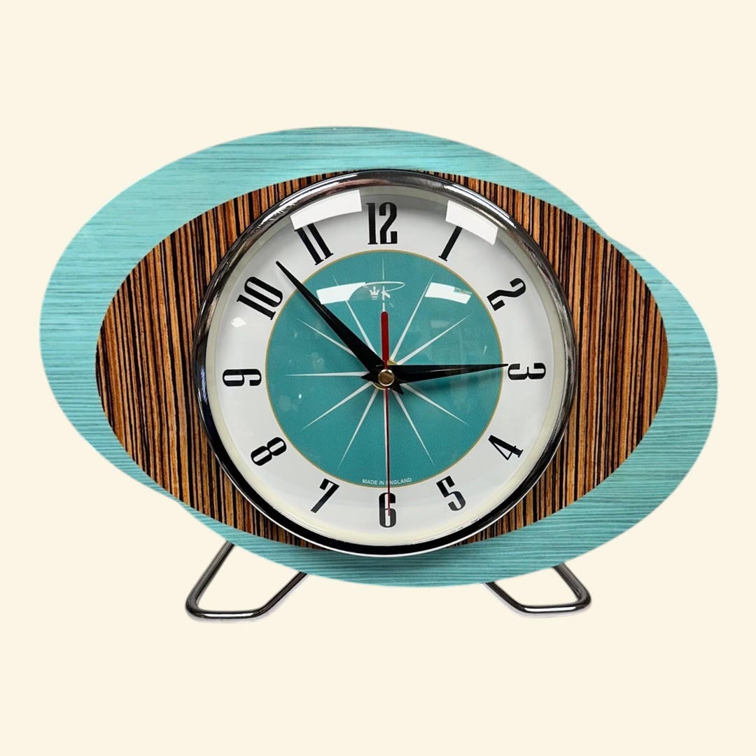 Colour Etched Formica Wall Clock in Aqua Blue Faux Walnut & Zebra Wood ...