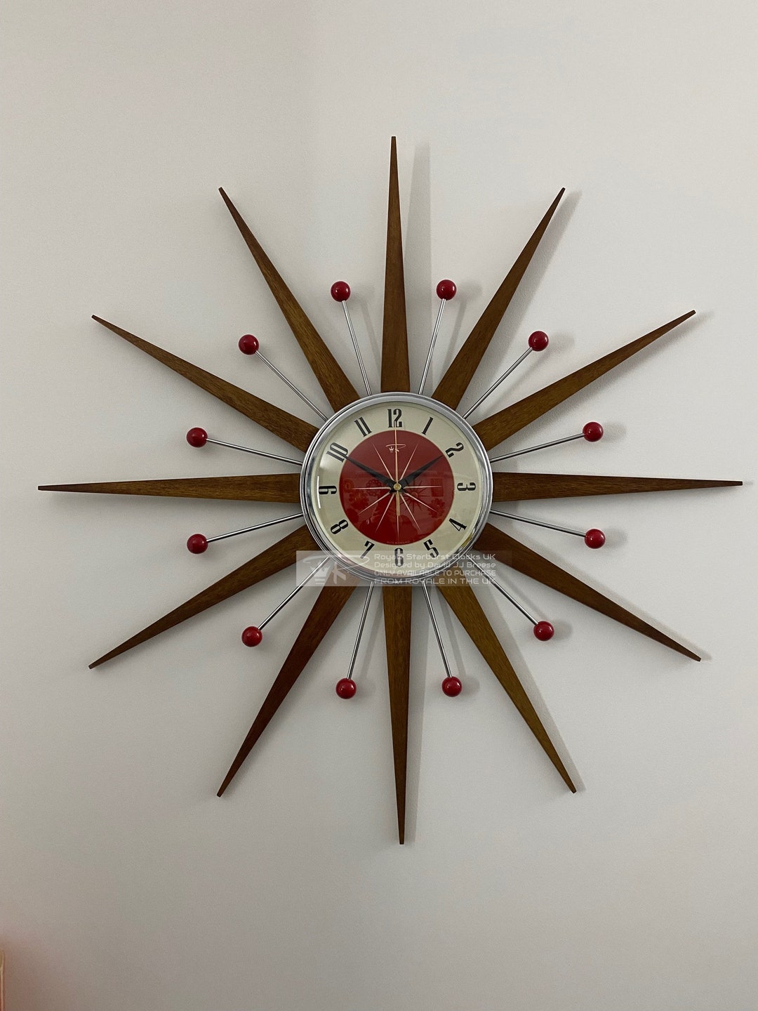 Royale Starburst Wall Clock Mid Century Modern Style Chrome Frame ...