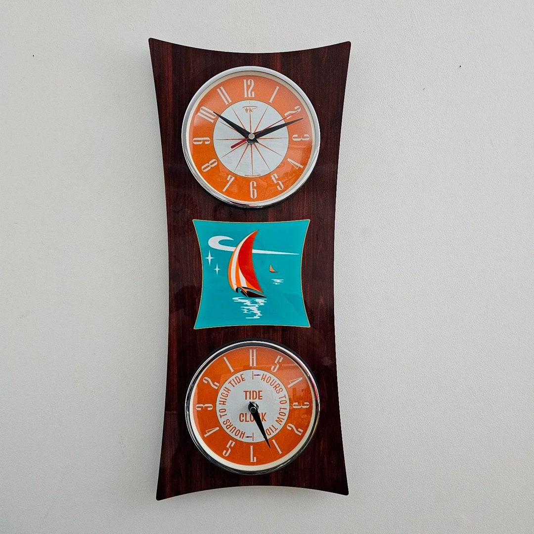 Midcentury Modern Tide Wall Art Clock by Royale in Faux Walnut ...