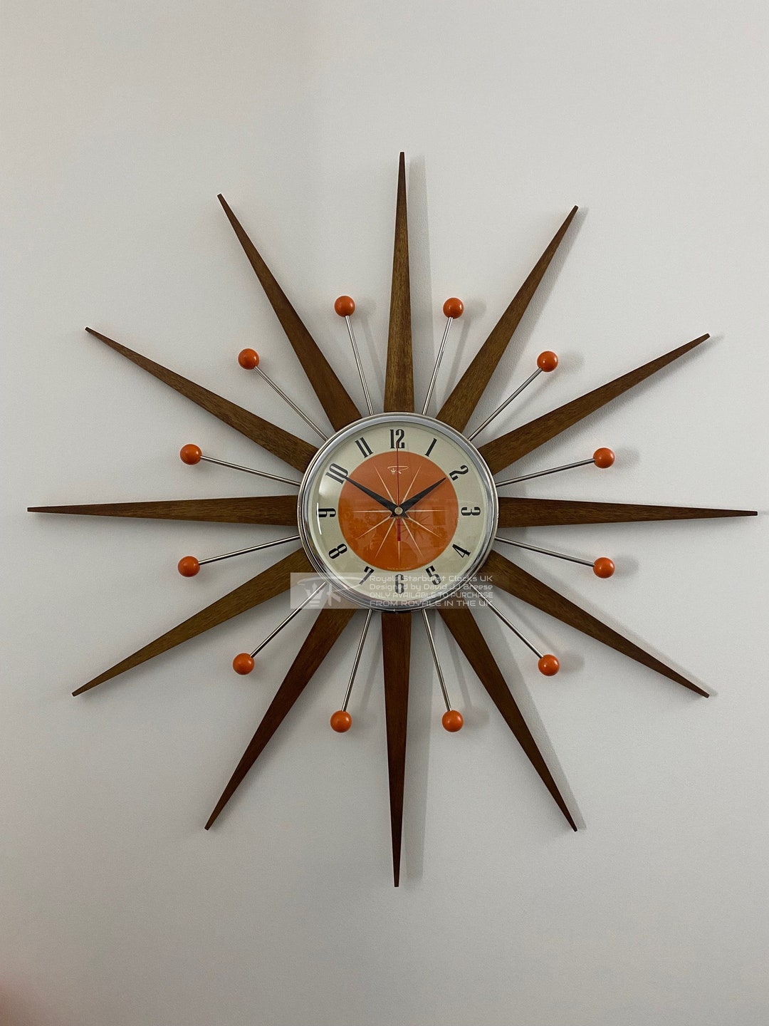 Mid Century Starburst Wall Clock: Teak Rays, Tangerine Face, Atomic ...