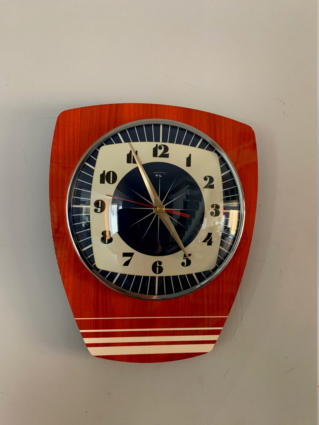 Handmade Formica Wall Clock in Faux Red Walnut With Royal Blue & Cream ...