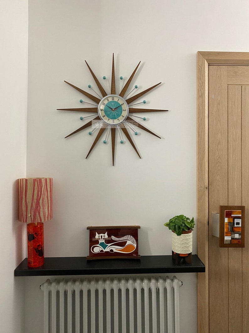 Mid Century Modern Starburst Clock: Turquoise Face, Teak Rays - Etsy
